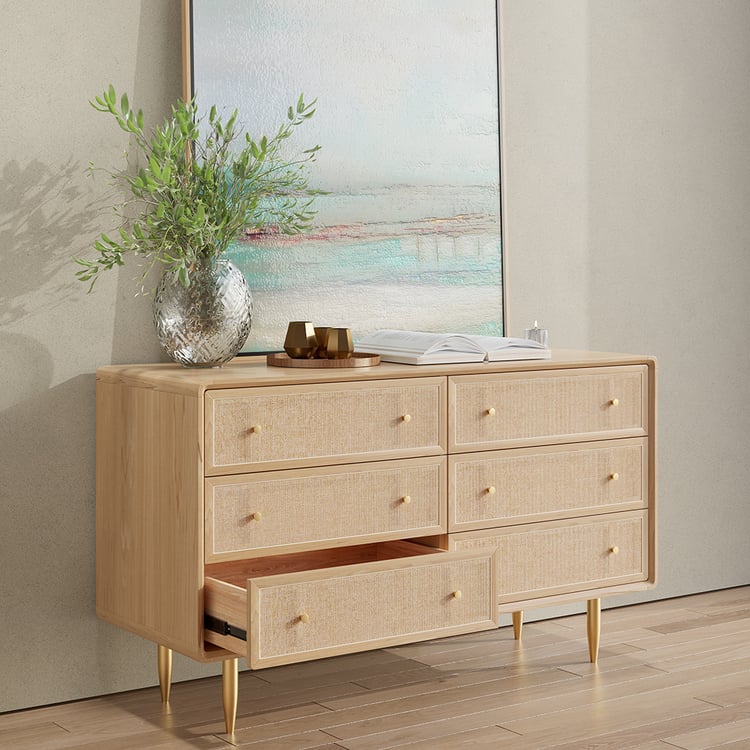 Tural Mid Century Modern Natural Bedroom Dresser with 6 Drawers Rattan Woven in Gold Homary UK