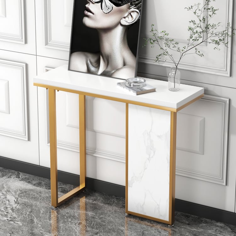 1000mm White Narrow Console Table Modern Rectangle with Wooden Top ...