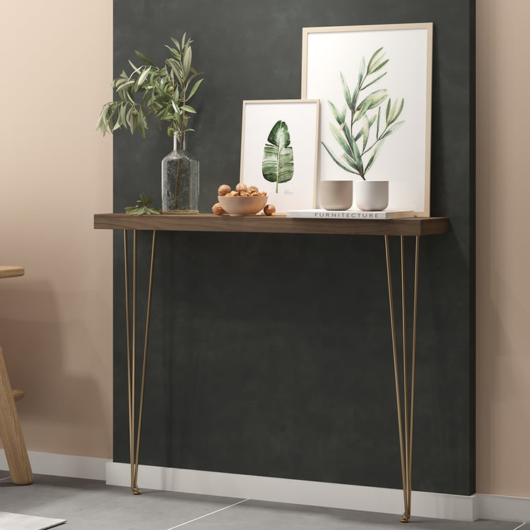 1000mm Rustic Walnut Narrow Rectangular Console Table with Wooden Top Metal Legs Homary UK