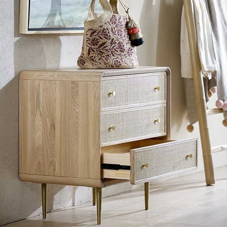 Tural Mid Century Modern Natural Cabinet 3 Drawer Chest Rattan Woven in Gold Homary UK