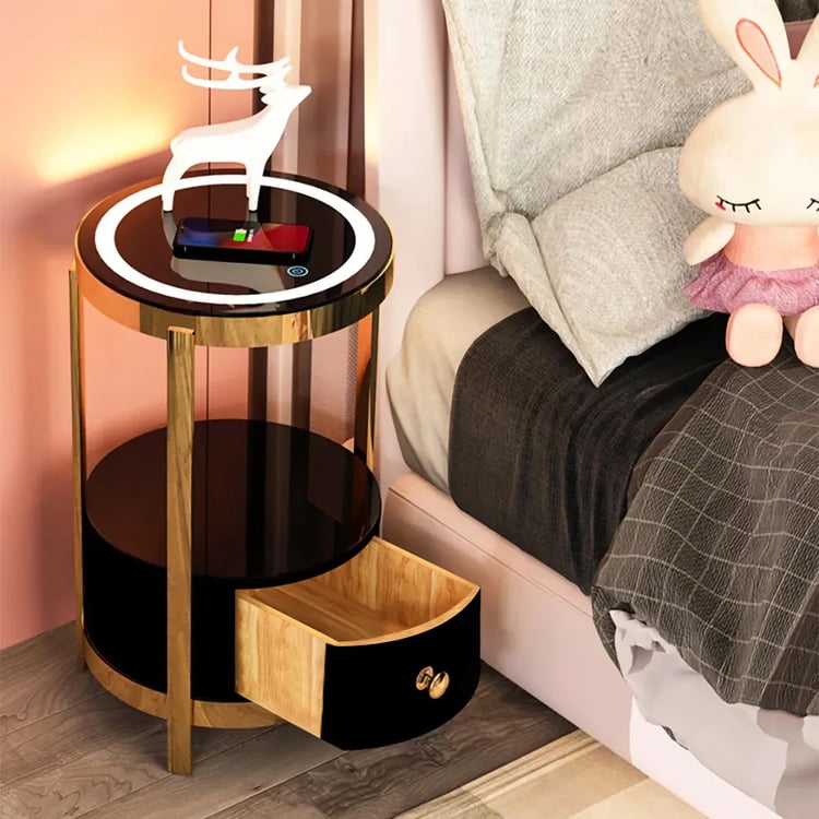 Modern Black Bedside Table with LED Light Nightstand with Wireless ...