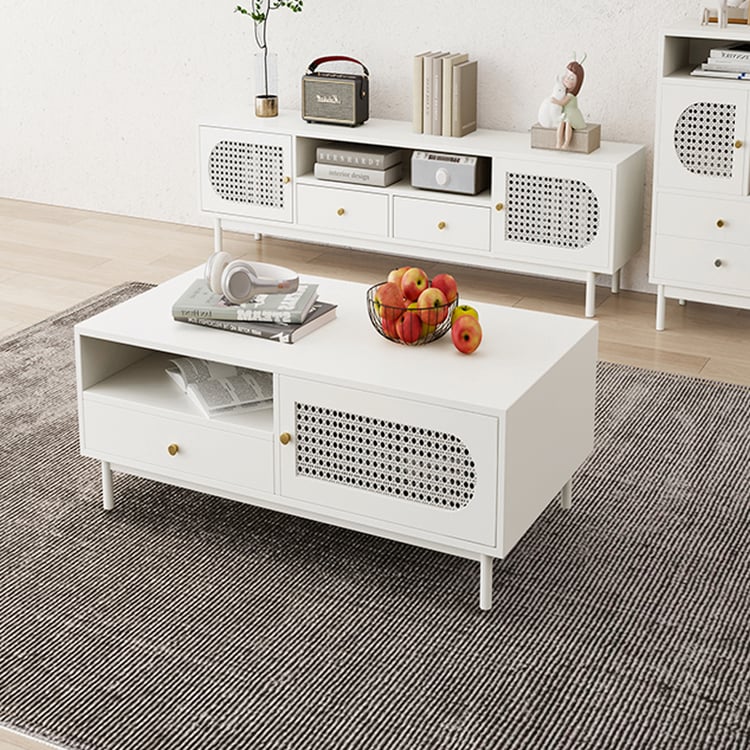 Farmhouse Rectangle Rattan Coffee Table in Off White with 2 Drawers ...
