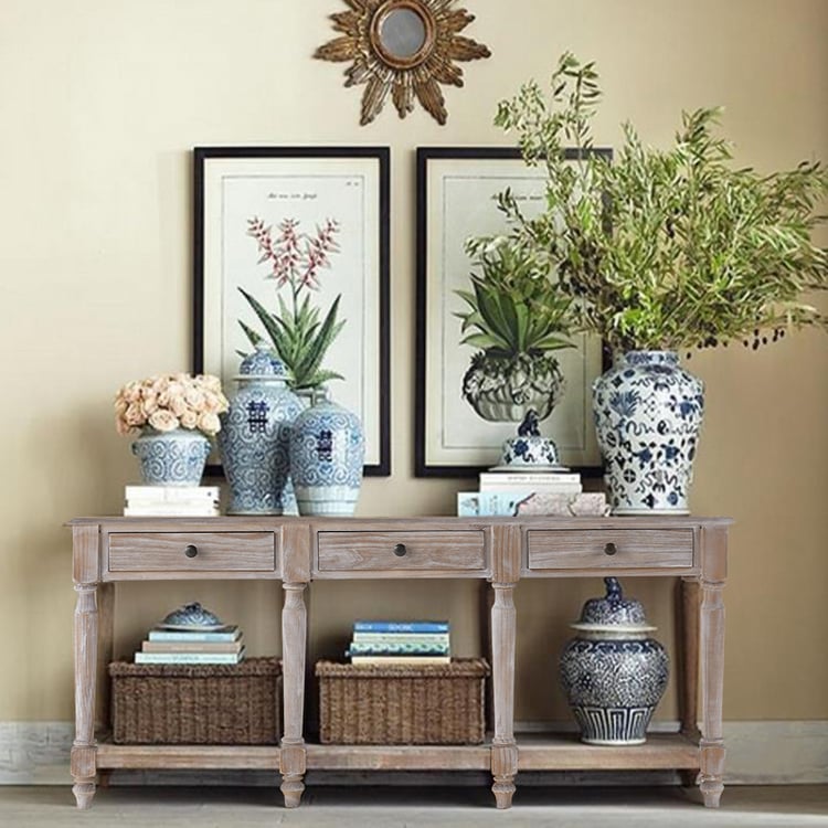 Rustic Narrow Console Table with Drawers & Shelf Entryway Table｜Homary