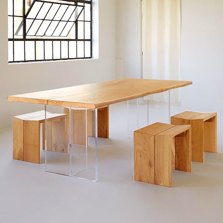 Modern 1600mm Acrylic Dining Table Rectangle Natural Wood Tabletop Floating Trestle Leg Homary UK
