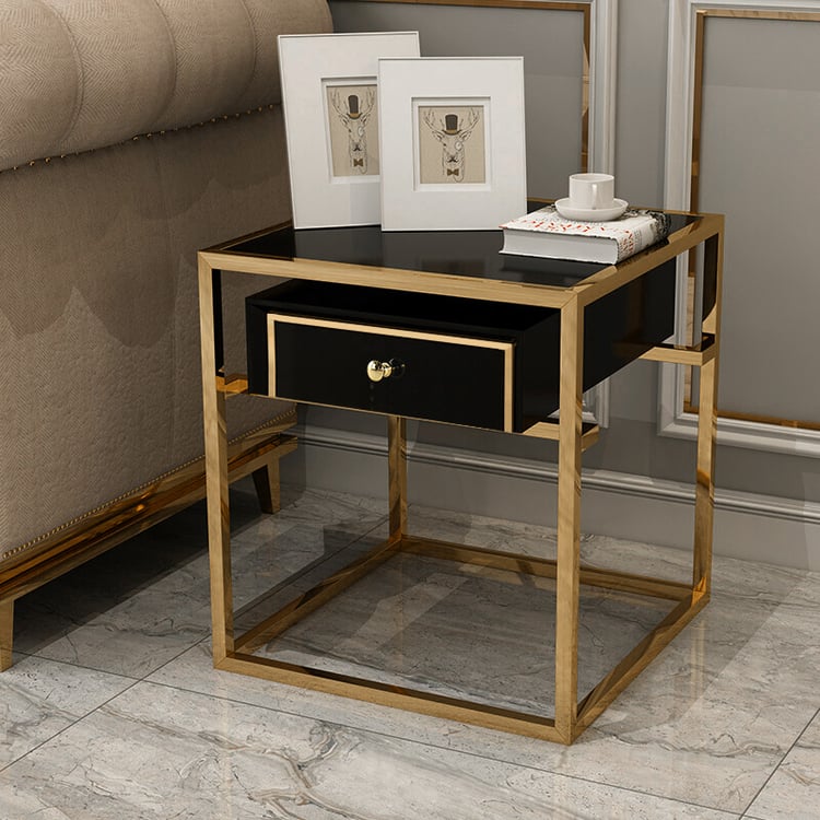 Modern Luxurious Black Square Side Table 1 Drawer End Table Stainless ...