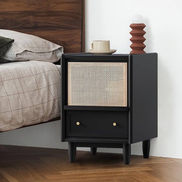 Rustic Rattan Nightstand Simple Black Bedroom with Storage Solid Wood Bedside Table Homary DE