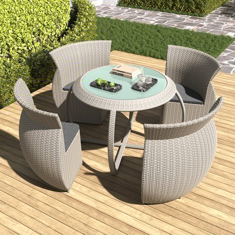 5 teiliges Farmhouse Outdoor Ess Set mit Tisch und Stuhl aus gehartetem Glas in Grau Homary DE