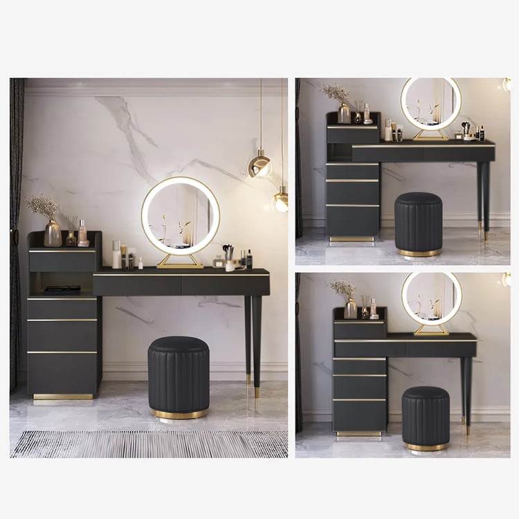 Modern Black Makeup Vanity Set Dressing Table with Lighted Mirror Cabinet Stool Homary DE