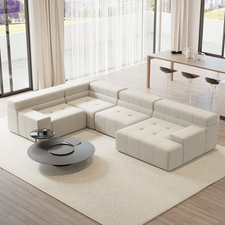 3380mm L Shaped Modern Off White Velvet Modular Sectional Sofa with Chaise Homary UK
