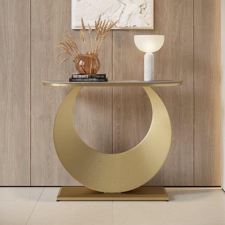 39.4 Narrow Console Table Gray Sintered Stone Entryway Table with Half Moon Steel Base
