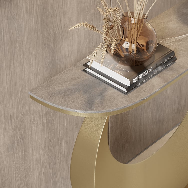 39.4 Narrow Console Table Gray Sintered Stone Entryway Table with Half Moon Steel Base