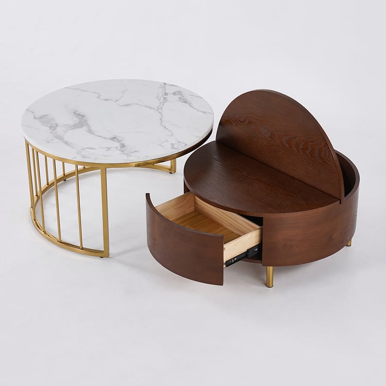 Modern white & walnut round coffee table with storage wood rotating marble nesting coffee table in rose gold set of 2 store