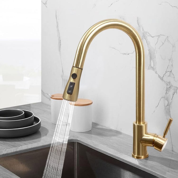 Pull Out Kitchen Tap Brushed Gold with Dual Function Sprayer｜Homary UK