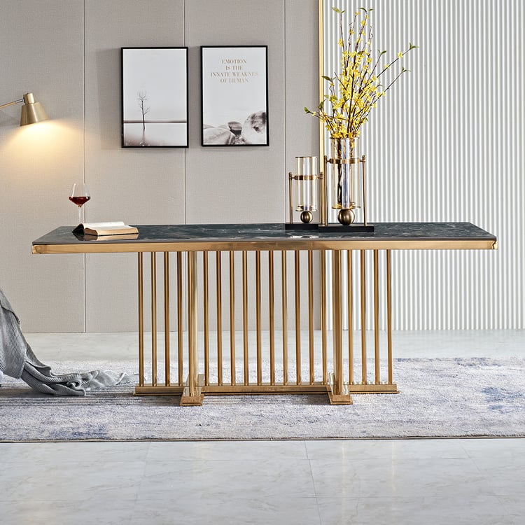 1800mm Modern Rectangular Glossy Stone Dining Table Gold Stainless Steel Pedestal Homary UK