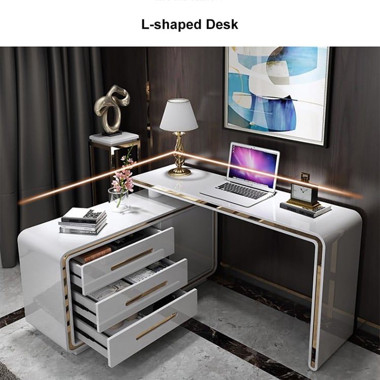 1200mm L Shaped Desk Corner Rotating White Office Desk with 3 Drawers Doors Homary DE
