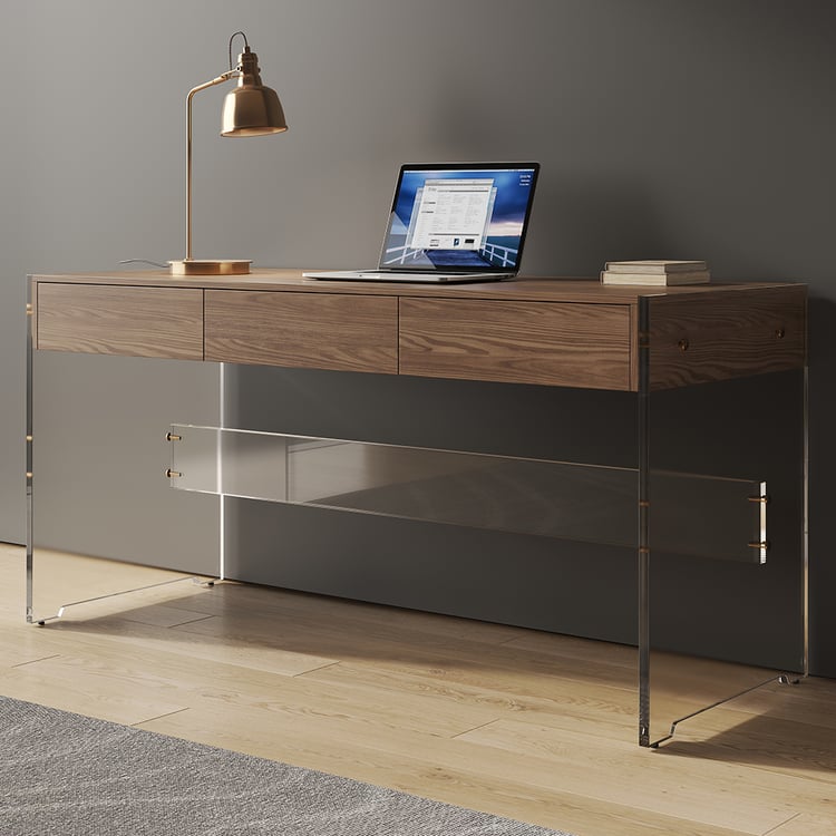 1500mm Acrylic and Wood Floating Desk with 3- Drawers Walnut & Lucite ...