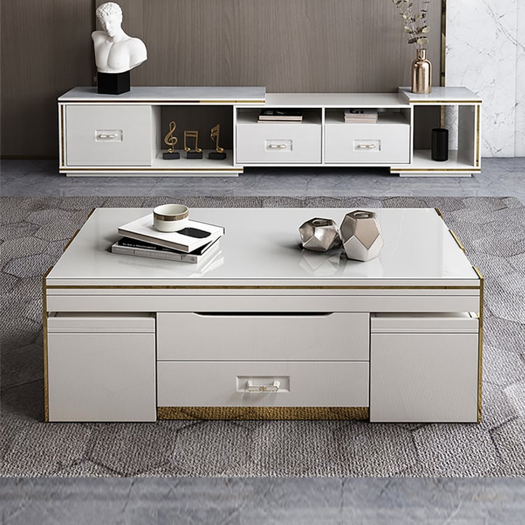 White Modern Lift Top Coffee Table Set with Storage Stools Extendable Accent Table Homary UK