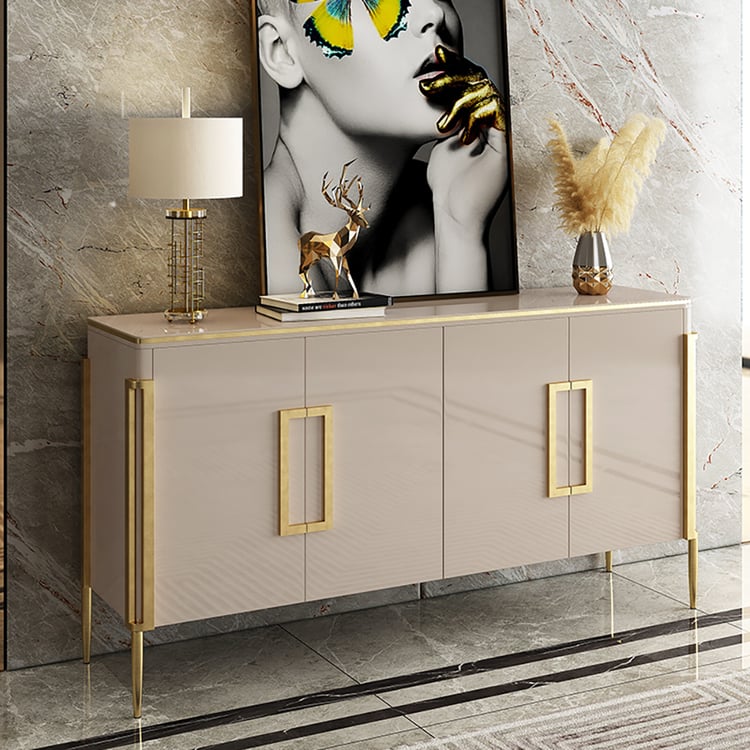 Vectic 1200mm Modern Champagne Sideboard Cabinet Buffet Table with Storage Glass Top Homary UK