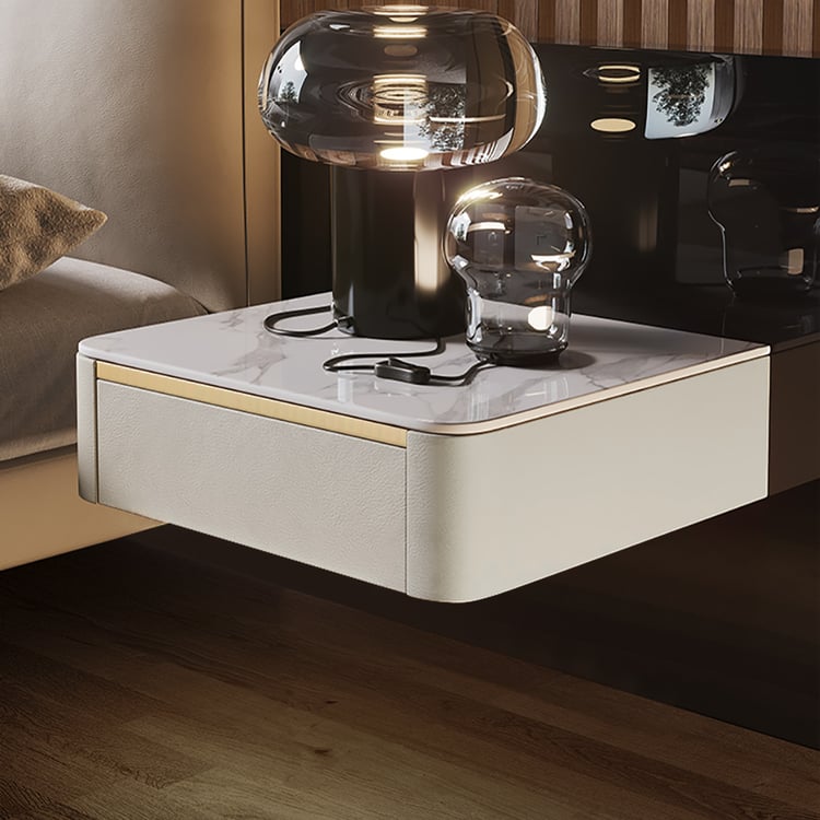 Modern White Floating Nightstand 1 Drawer Bedside Table with Sintered Stone Top
