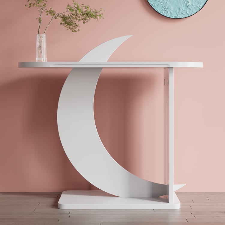 1000mm White Moon Shape Console Table Modern Oval Wooden Entryway Table ...