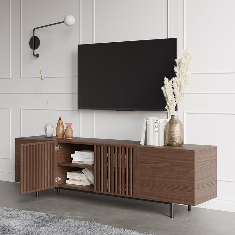 Japandi Slatted Media Console Wood TV Stand in Walnut with Shelves for TVs Up to 2032mm Homary UK