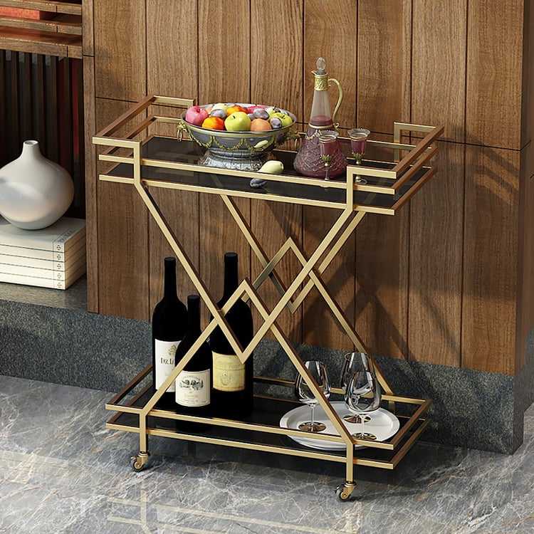 28'' Modern Black Bar Cart Rolling 2-Tier Trolley on Wheels｜Homary