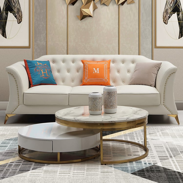 3 teiliges modernes Kunstleder Wohnzimmer Set Chesterfield Sofa in Beige mit Hocker Homary DE