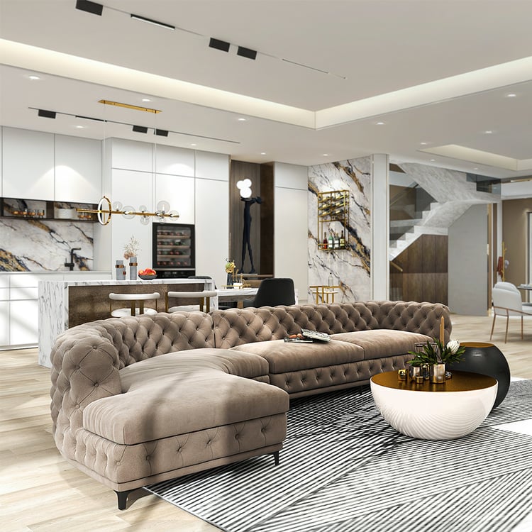 Gebogenes khakifarbenes Schnittsofa gepolsterte Samt Chesterfield Sofa Edelstahl Beine Homary DE