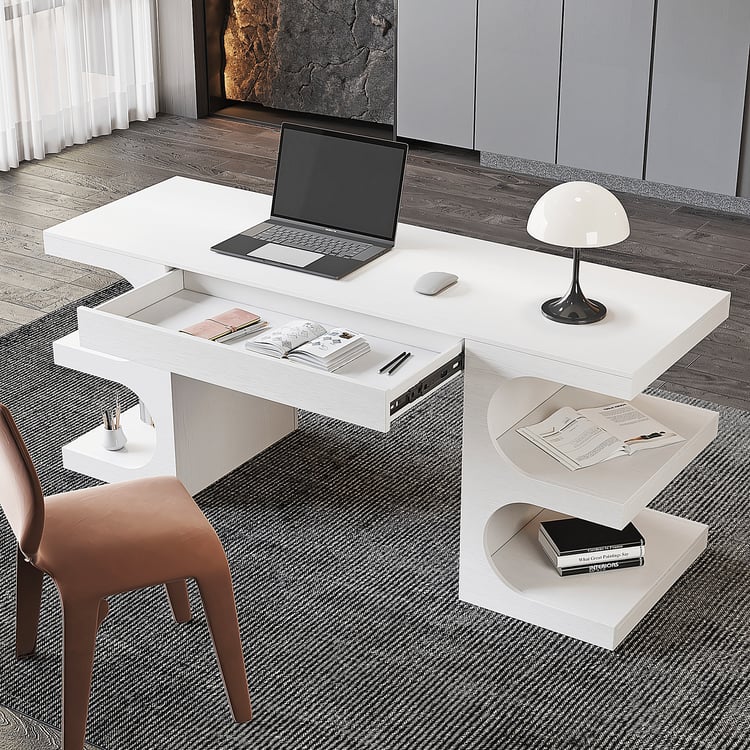 Modern White Writing Desk Office Desk with 1 Drawer 4 Open Shelves 1630mm Homary UK