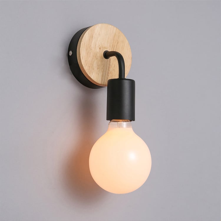Modern Exposed Bulb Single-Light Wood Round Backplate Indoor Wall Lamp ...