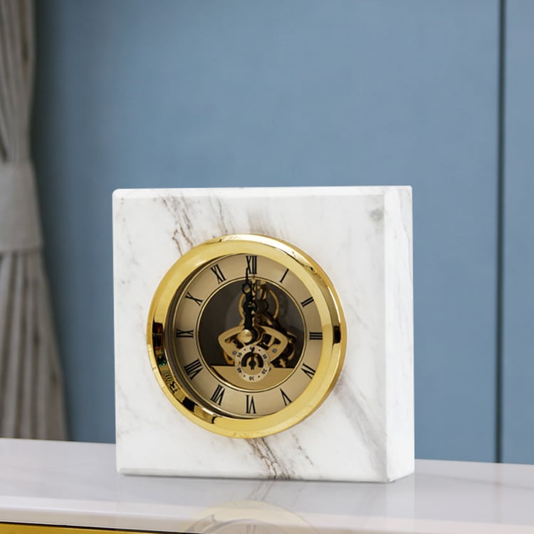 Modern White & Gold Square Mantel & Table Top Clock Decor with Marble ...