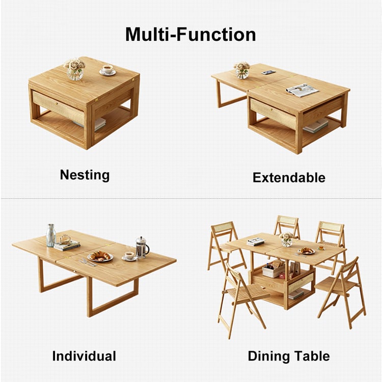 Japandi Wooden Folding Coffee Table Set Dining Table Rattan Nesting Accent Table Homary UK
