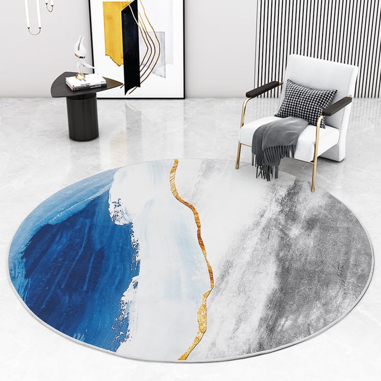 1200mm Modern Abstract Blue and Gold Round Area Rug Living Room ...
