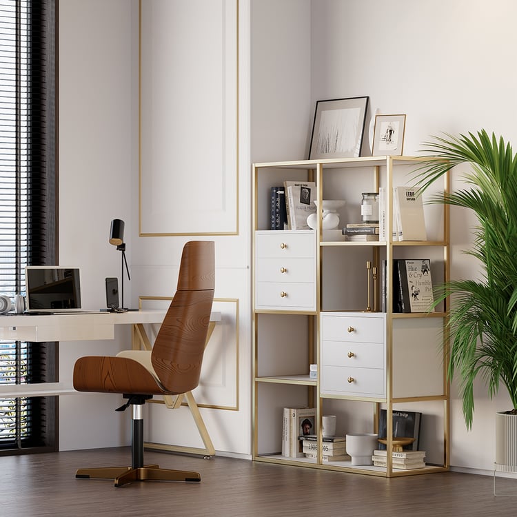 White and Gold Geometric Bookcase 6 Shelves 6 Drawers Bookshelf Homary DE