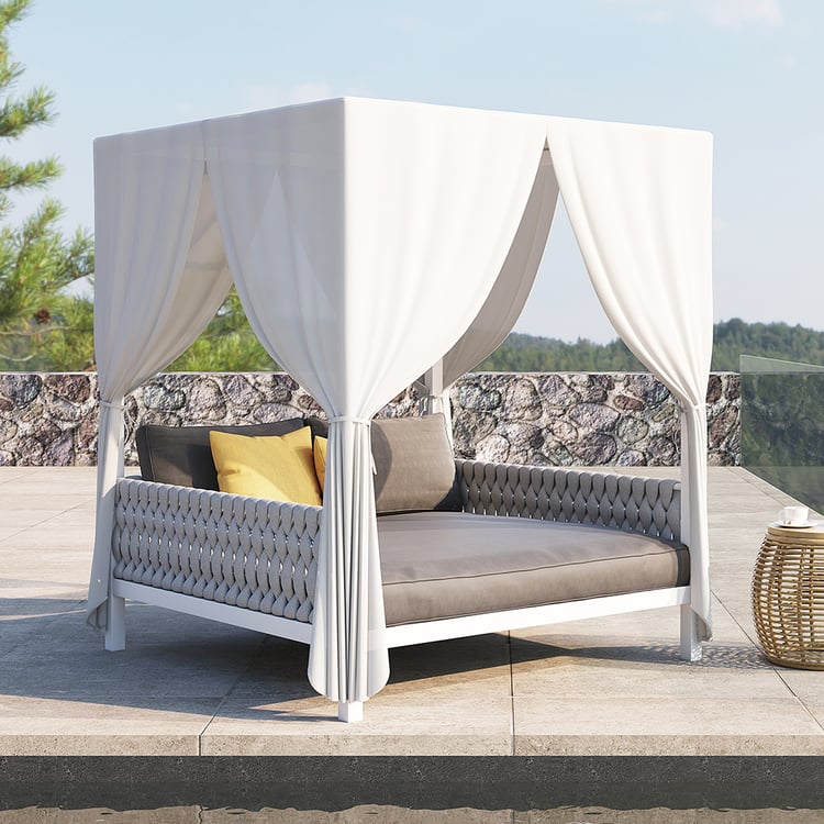 White Aluminium Grey Woven Rope 2 Person Outdoor Patio Daybed with Canopy Curtains Homary UK