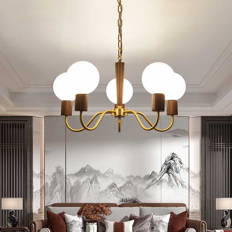 5-Light Wood Ceiling Chandelier Pendant Light with Milky White Glass ...