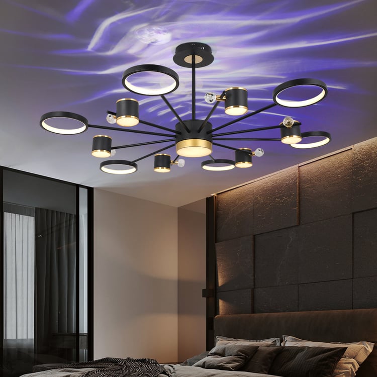Nordic 13-Light Black & Gold Chandelier LED Ring Starry Sky Projector ...