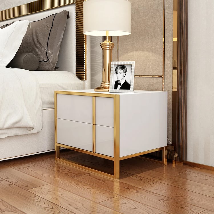 Rimh White Lacquer Nightstand with 2 Drawers Stainless Steel in Gold ...
