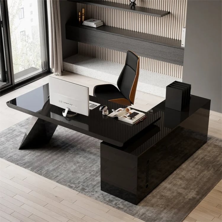 Modern Black L Shape Executive Desk Drawers Set & Cabinet Large Office ...