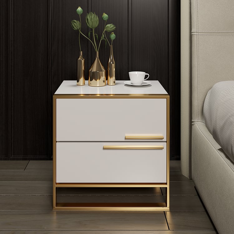 Nightstand Set of 2 White Square Bedside Table with 2 Drawers Minimalist Design in Gold Homary DE