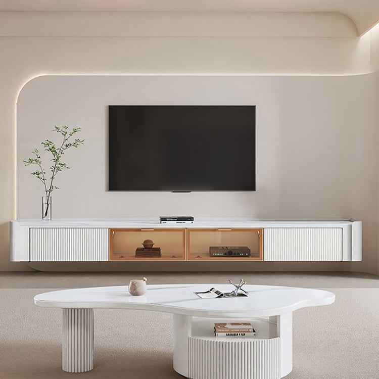 Wall Mounted Fluted TV Stand with 2 Drawers and Flip Glass Doors Stone Top Media Console Homary UK