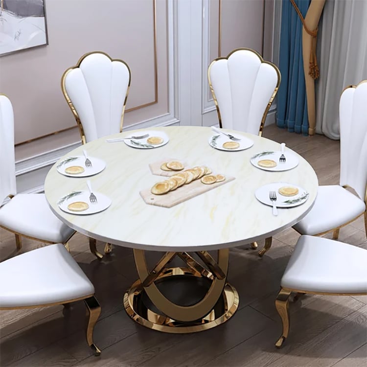 1500mm Modern White & Gold Round Marble Dining Table with Stainless ...