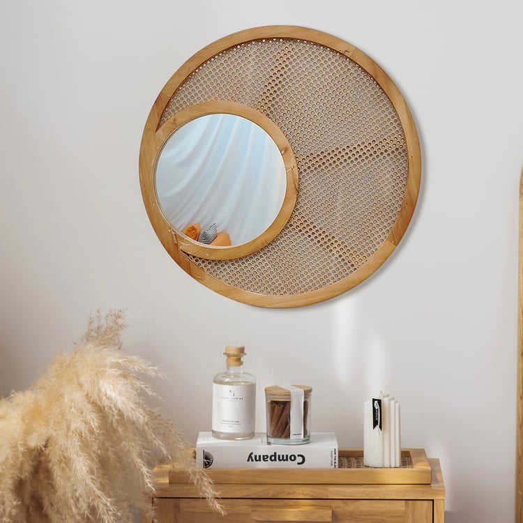 700mm Boho Round Natural Wood & Rattan Wall Mirror Decor Art for Living ...