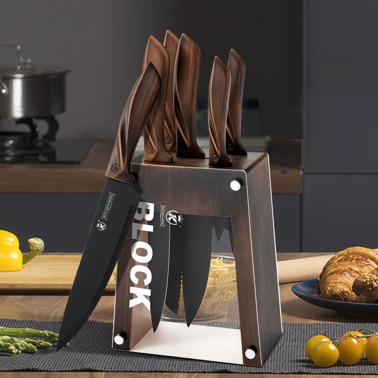 Black & Brown Kitchen Knife Set with Block Stainless Steel Blades｜Homary UK