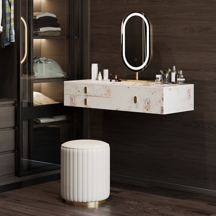 Modern White Floating Makeup Vanity Set Dressing Table with LED Mirror & Leather Stool｜Homary
