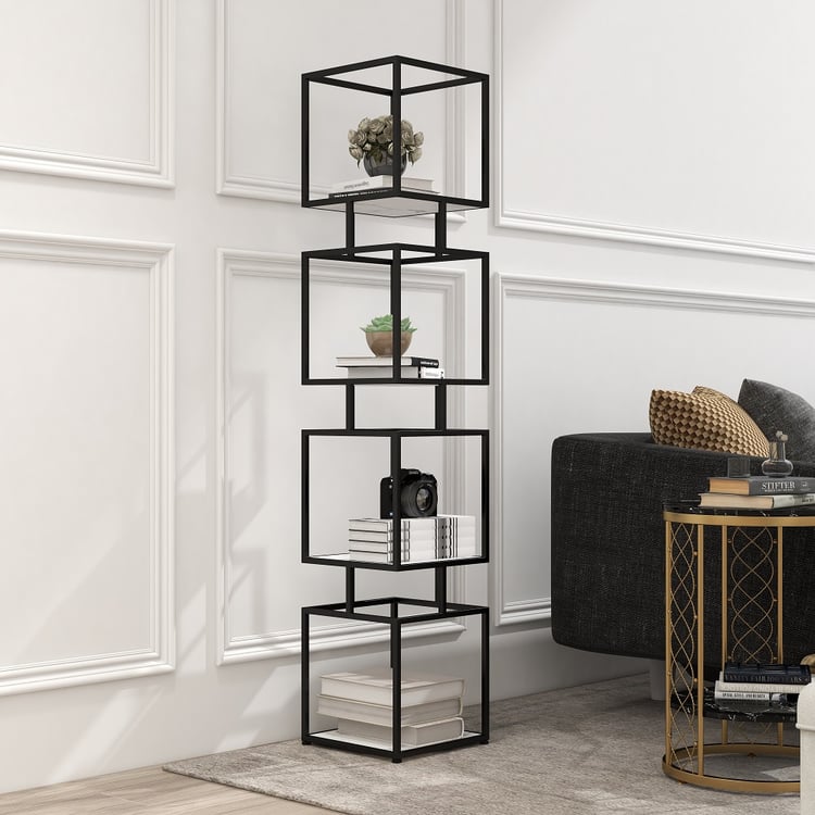Modern Black Cube Bookcase with Metal 4 Tier Bookshelf Tower Display Tall Shelf