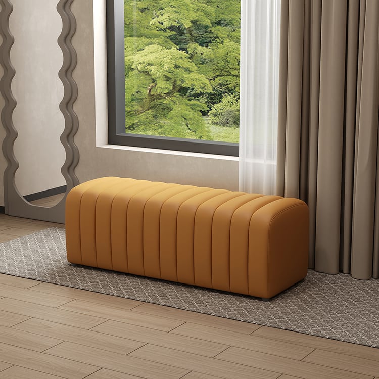 1200mm Modern Orange Leather Entryway Bench Leather Upholstered Channel ...