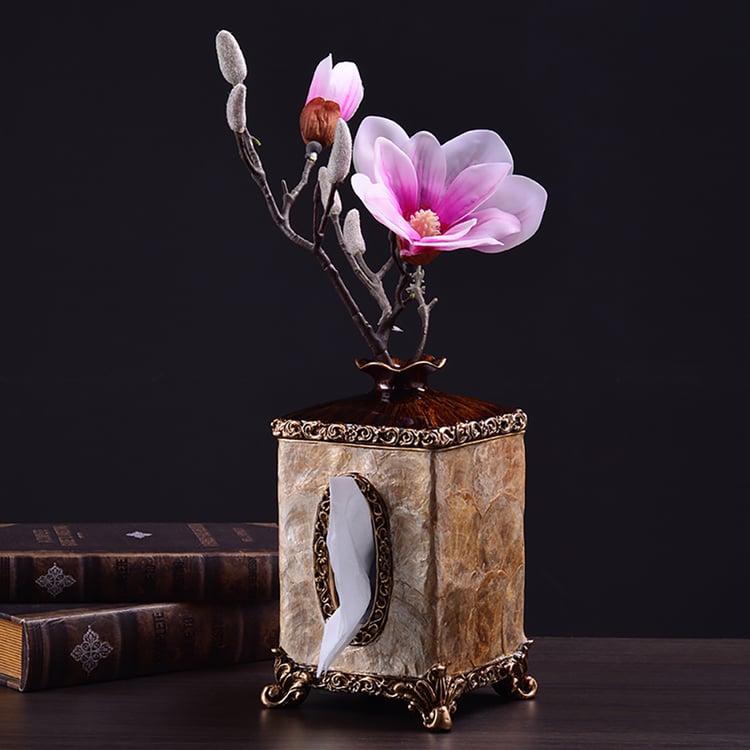 Shellium Resin & Shell Brown Tissue Box with Vase & Fake Flower ...