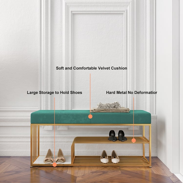 Green upholstered storage bench store