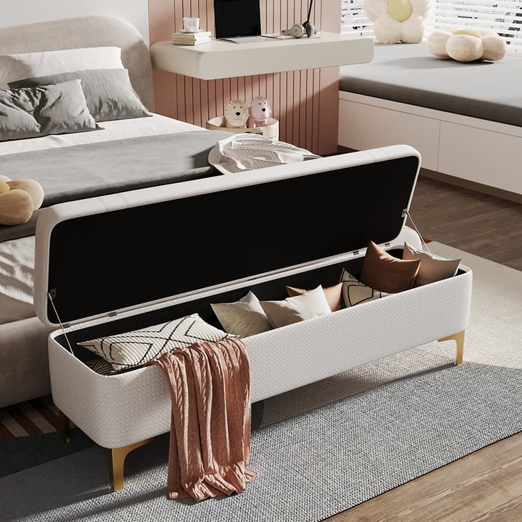 Modern White PU Leather Bedroom Flip Top Storage Bench with Gold Stainless Steel Legs Homary UK